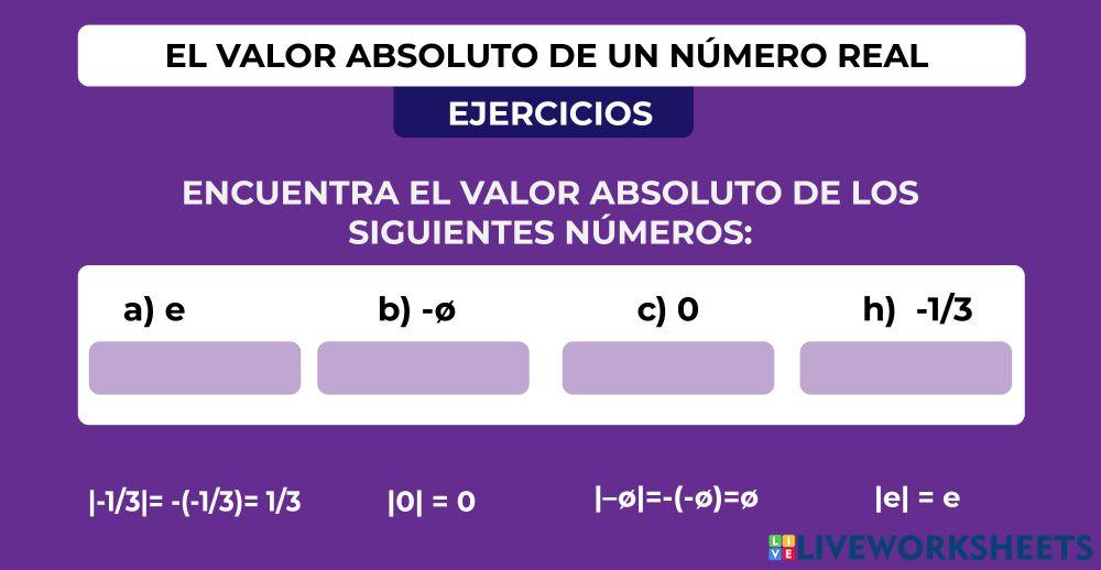 El valor absoluto de un número real worksheet | Live Worksheets