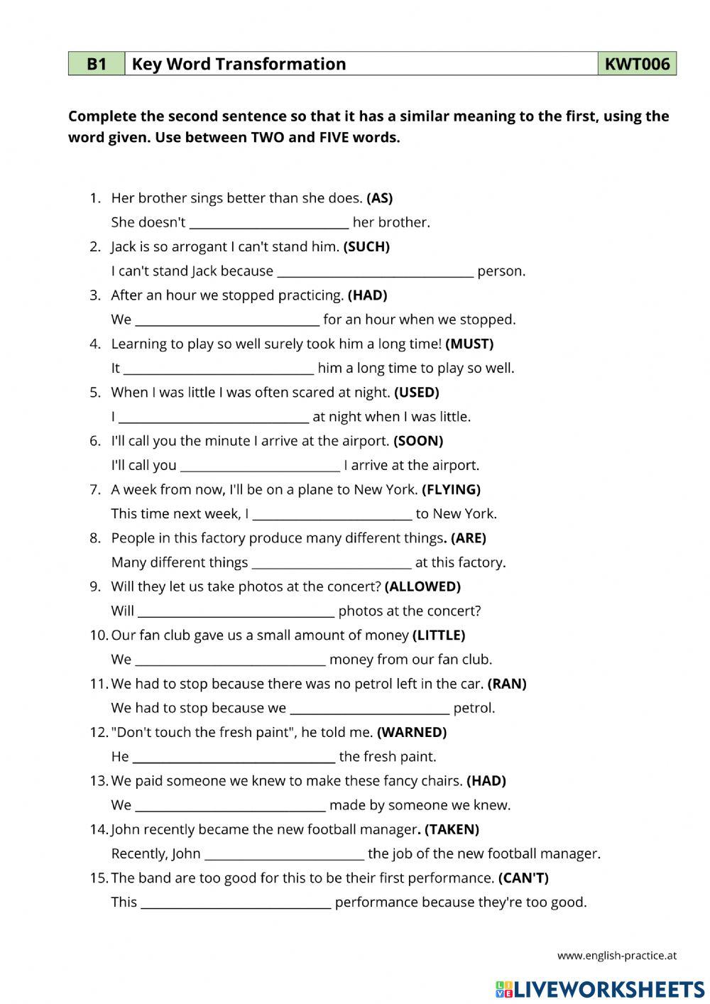 KEY WORD TRANSFORMATION 1 online exercise for | Live Worksheets