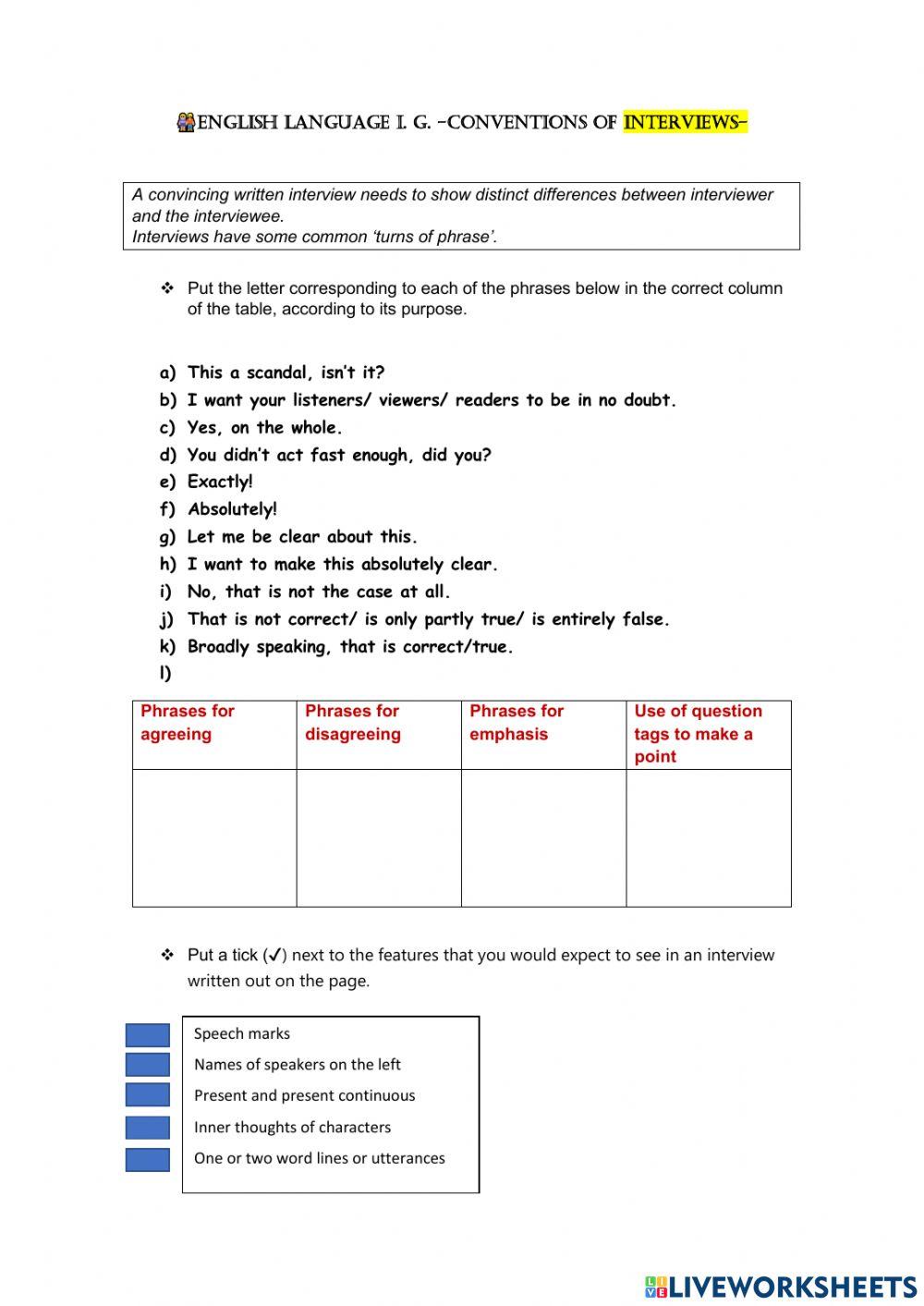 Interviews- conventions worksheet | Live Worksheets