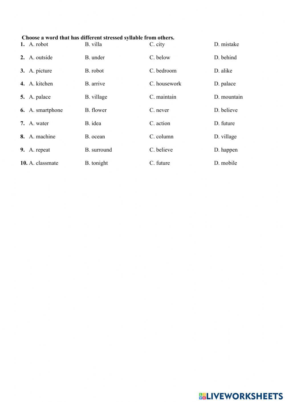 Stress two syll… | Free Interactive Worksheets | 1956244