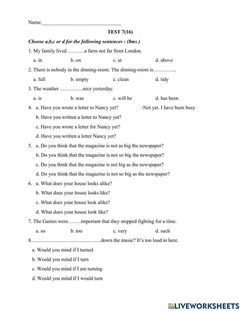 Minitest 7 exercise | Live Worksheets