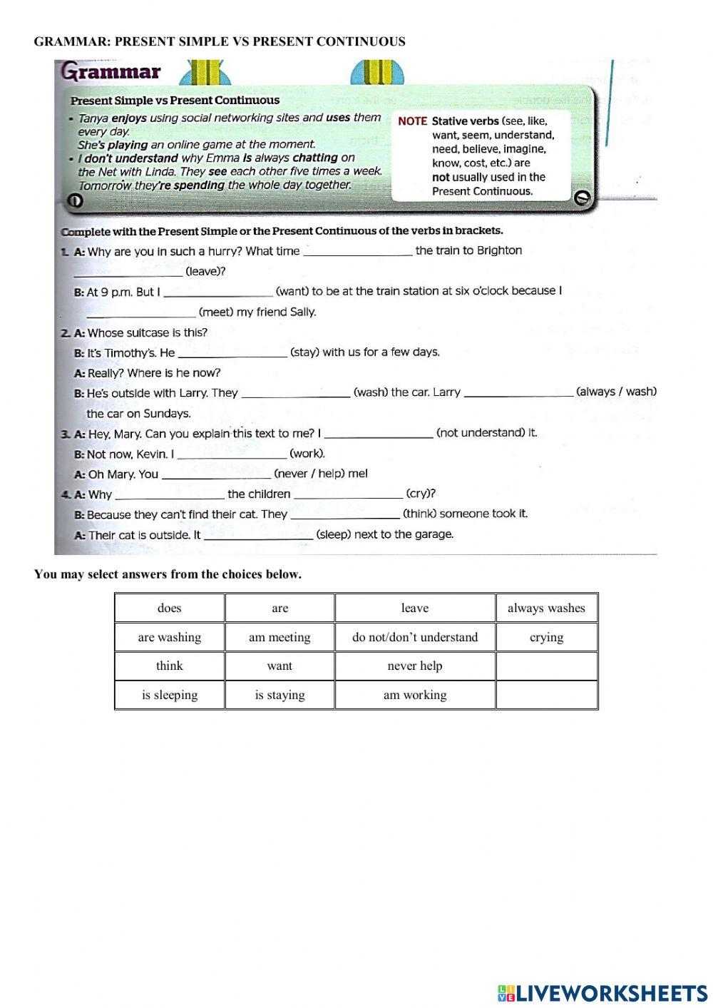 Unit 1 grammar present simple vs present continuous worksheet | Live Worksheets