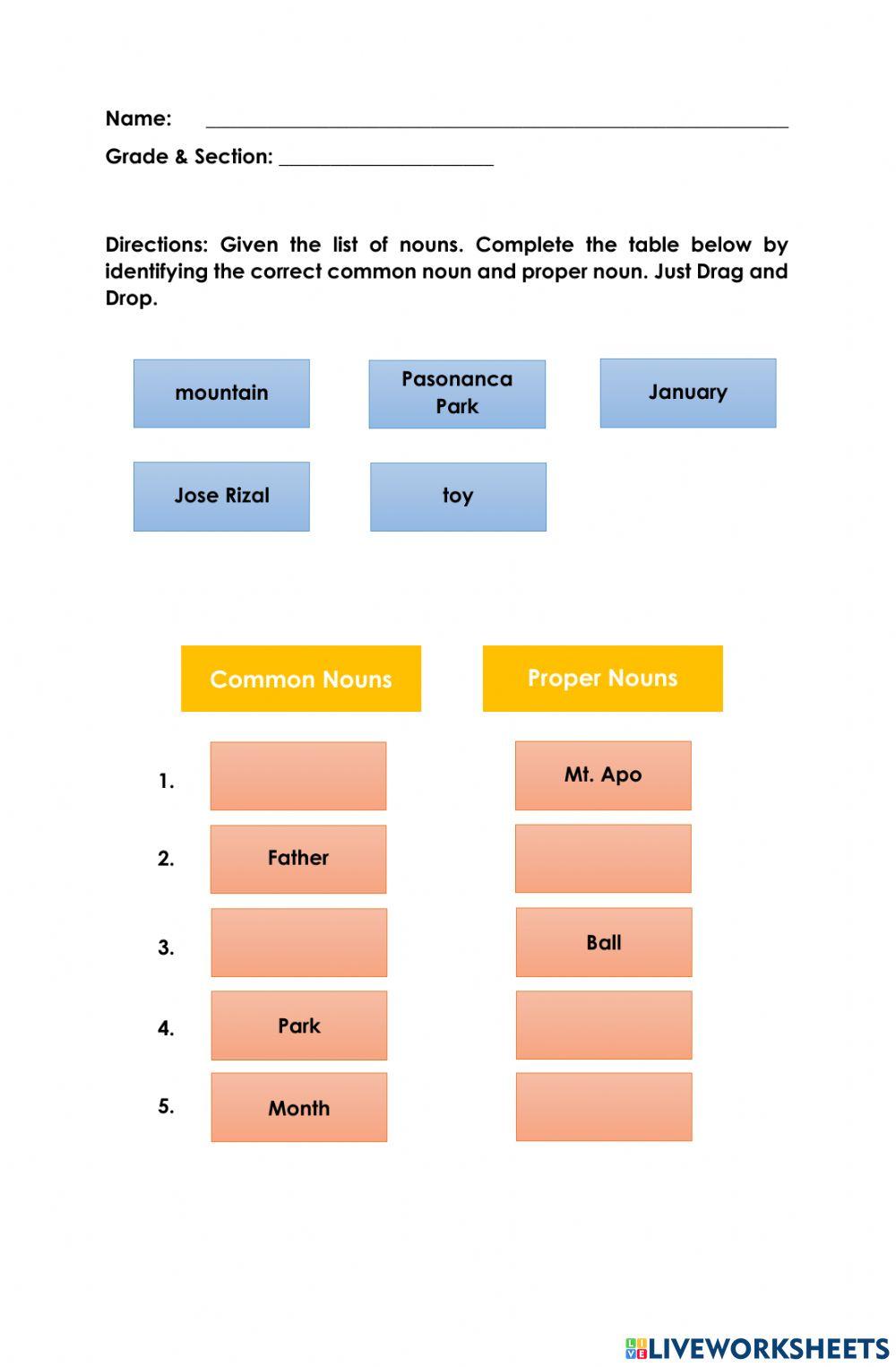Nouns online exercise for Grade 1 | Live Worksheets
