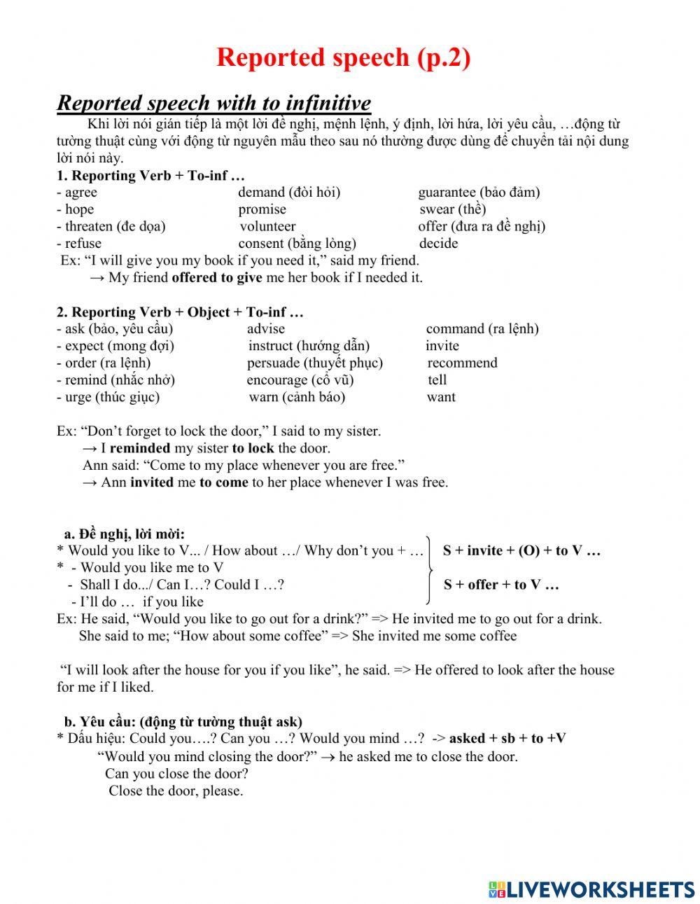 Reported Speech (p2) worksheet | Live Worksheets