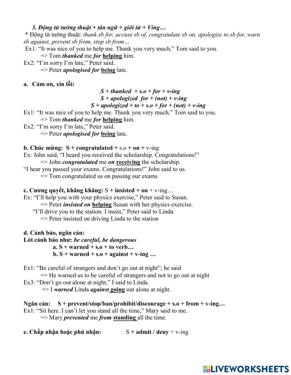 Reported Speech (p2) worksheet | Live Worksheets