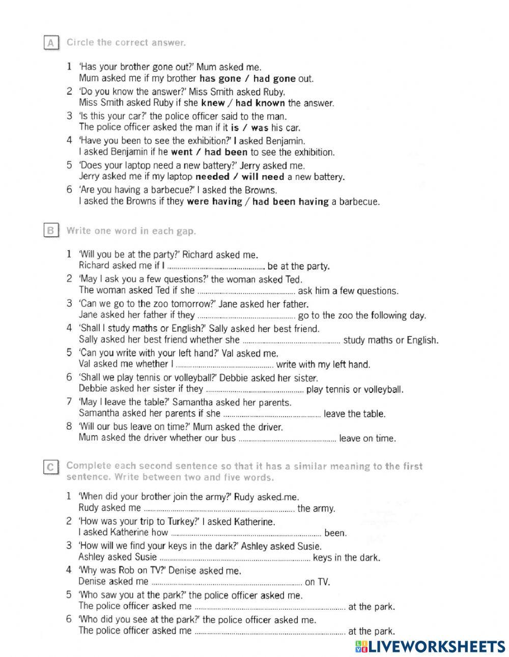 Reported Speech (p2) worksheet | Live Worksheets