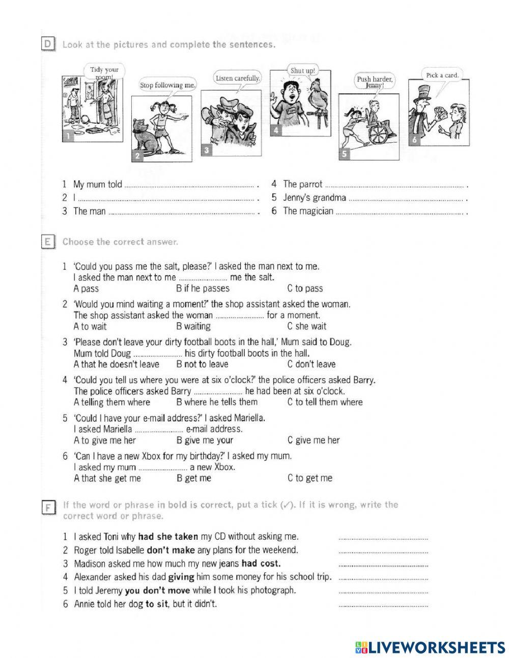 Reported Speech (p2) worksheet | Live Worksheets