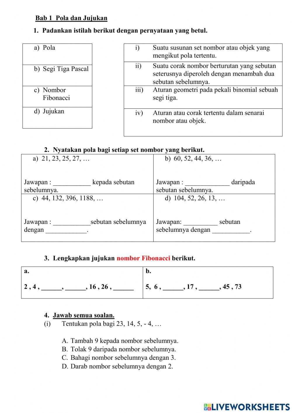 Bab 1 Pola dan Jujukan (1.1 Pola) online exercise for | Live Worksheets