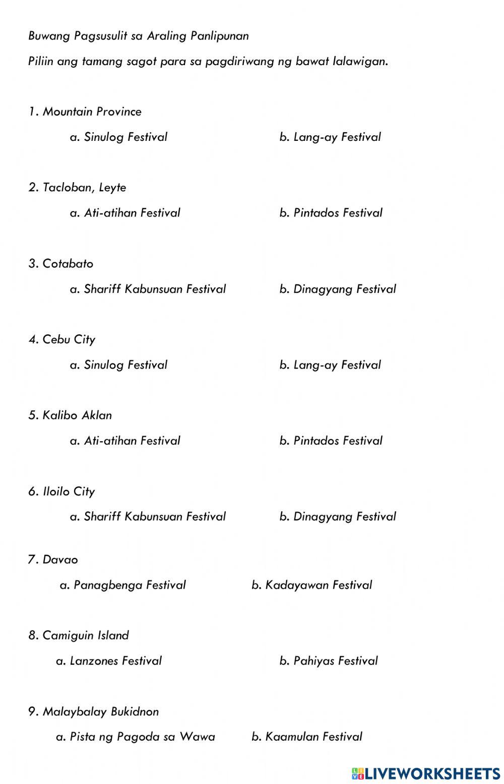 Mga pagdiriwang… | Free Interactive Worksheets | 1959640