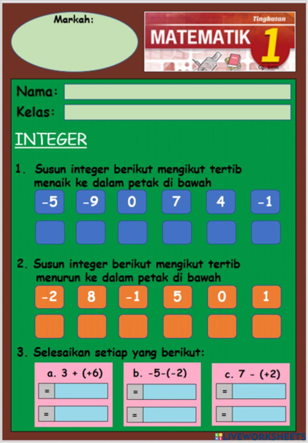 Nombor Integer worksheet | Live Worksheets