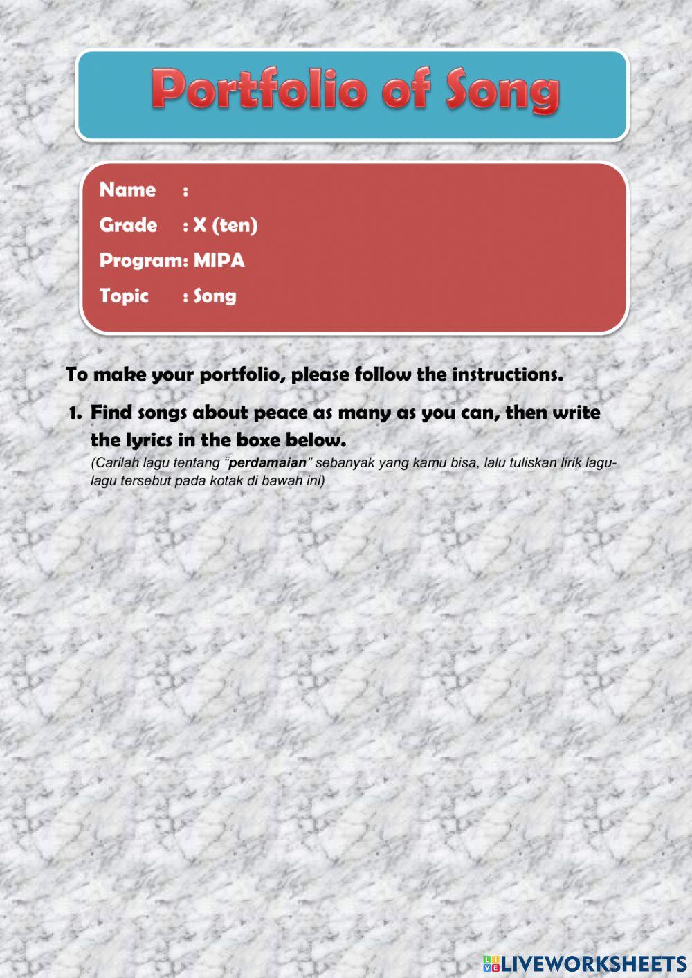 Portfolio of Song worksheet | Live Worksheets