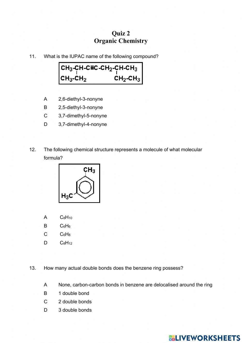 Organic Chem: Quiz 2 online exercise for | Live Worksheets