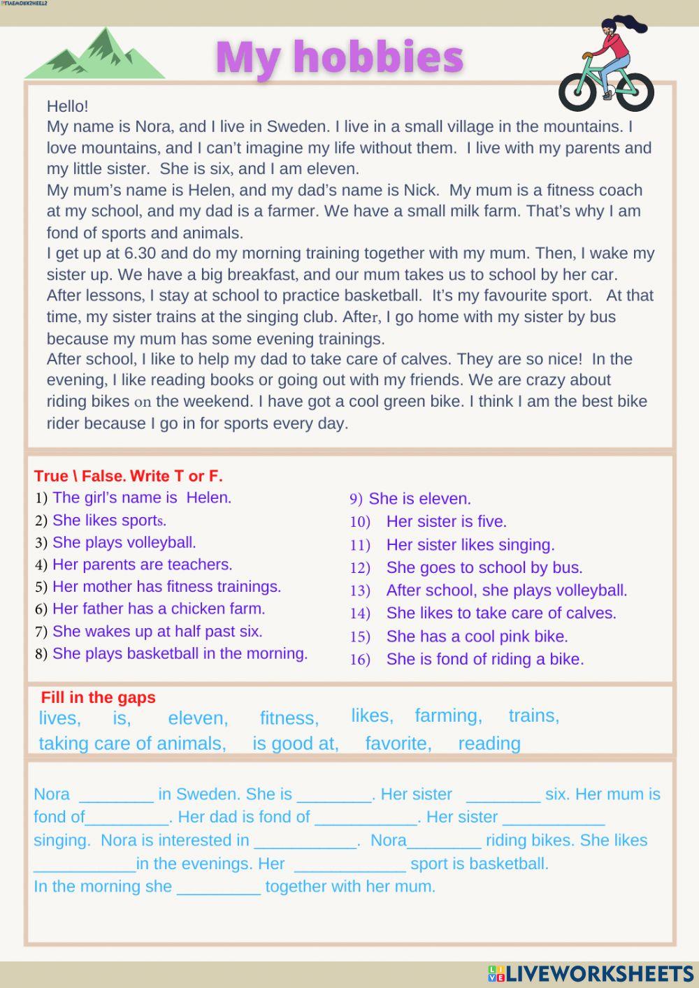 Reading -My Hobbies online exercise for | Live Worksheets