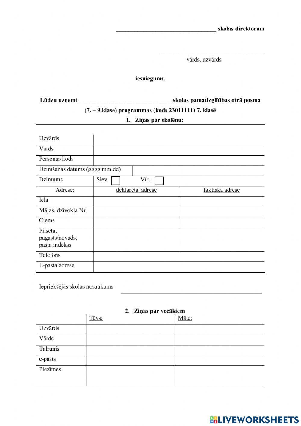 Iesniegums uzņemšanai worksheet | Live Worksheets
