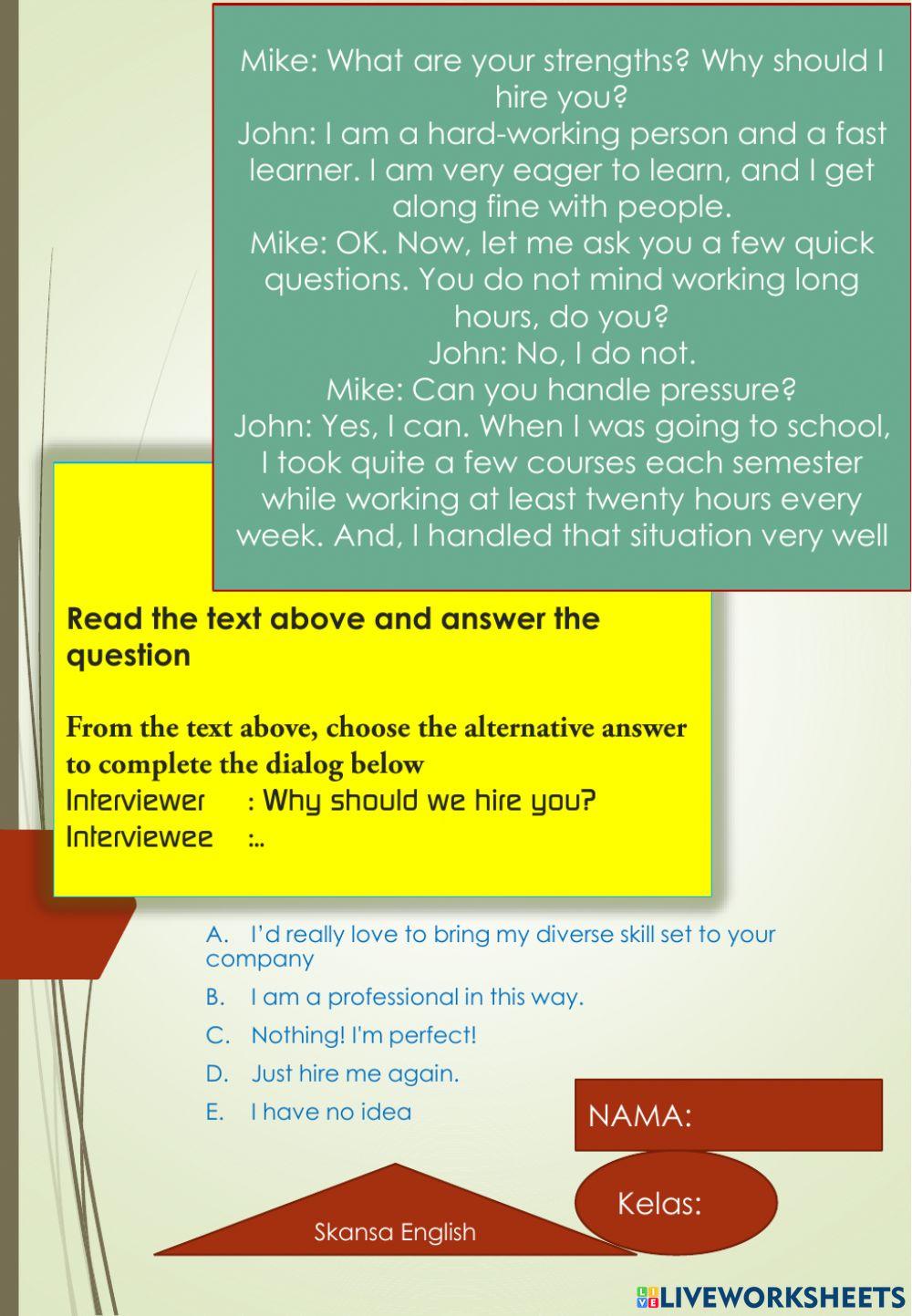 interview interactive activity for XII/Intermediate | Live Worksheets