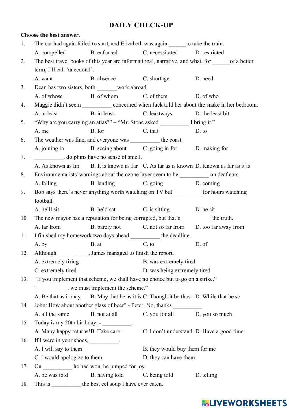 E9 - FT - NC - T7 - Daily check-up worksheet | Live Worksheets