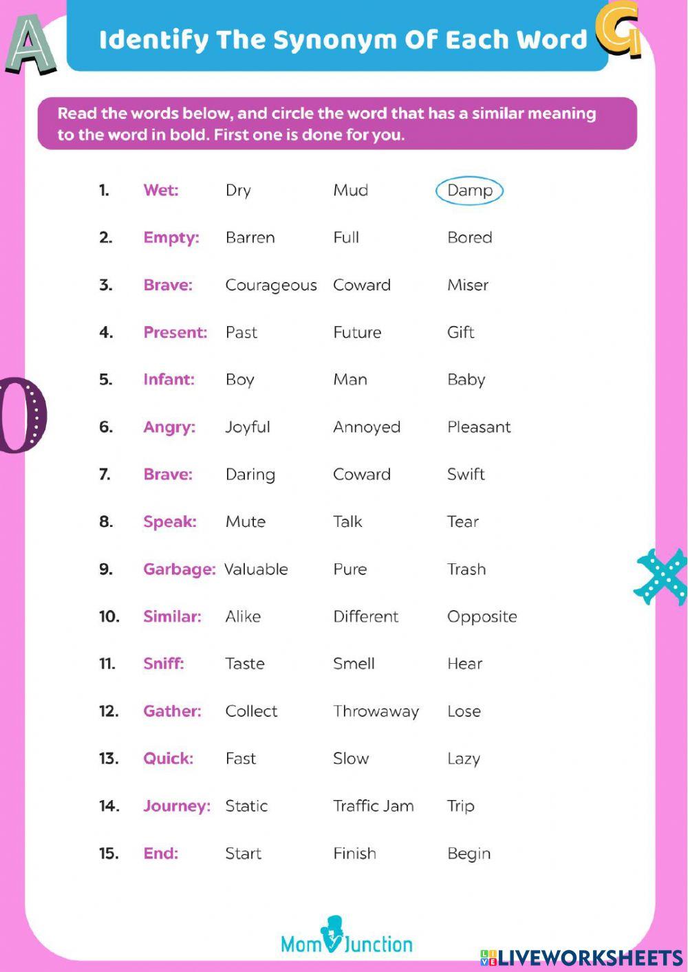 Synonyms | Free Interactive Worksheets | 1961812