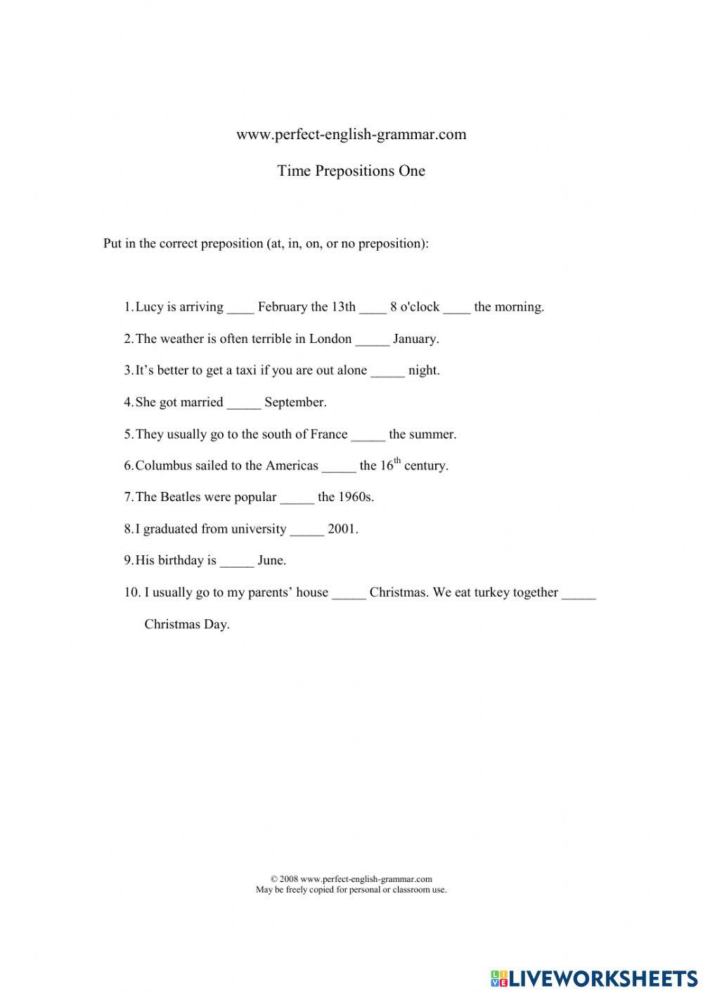 Time prepositions online pdf worksheet | Live Worksheets