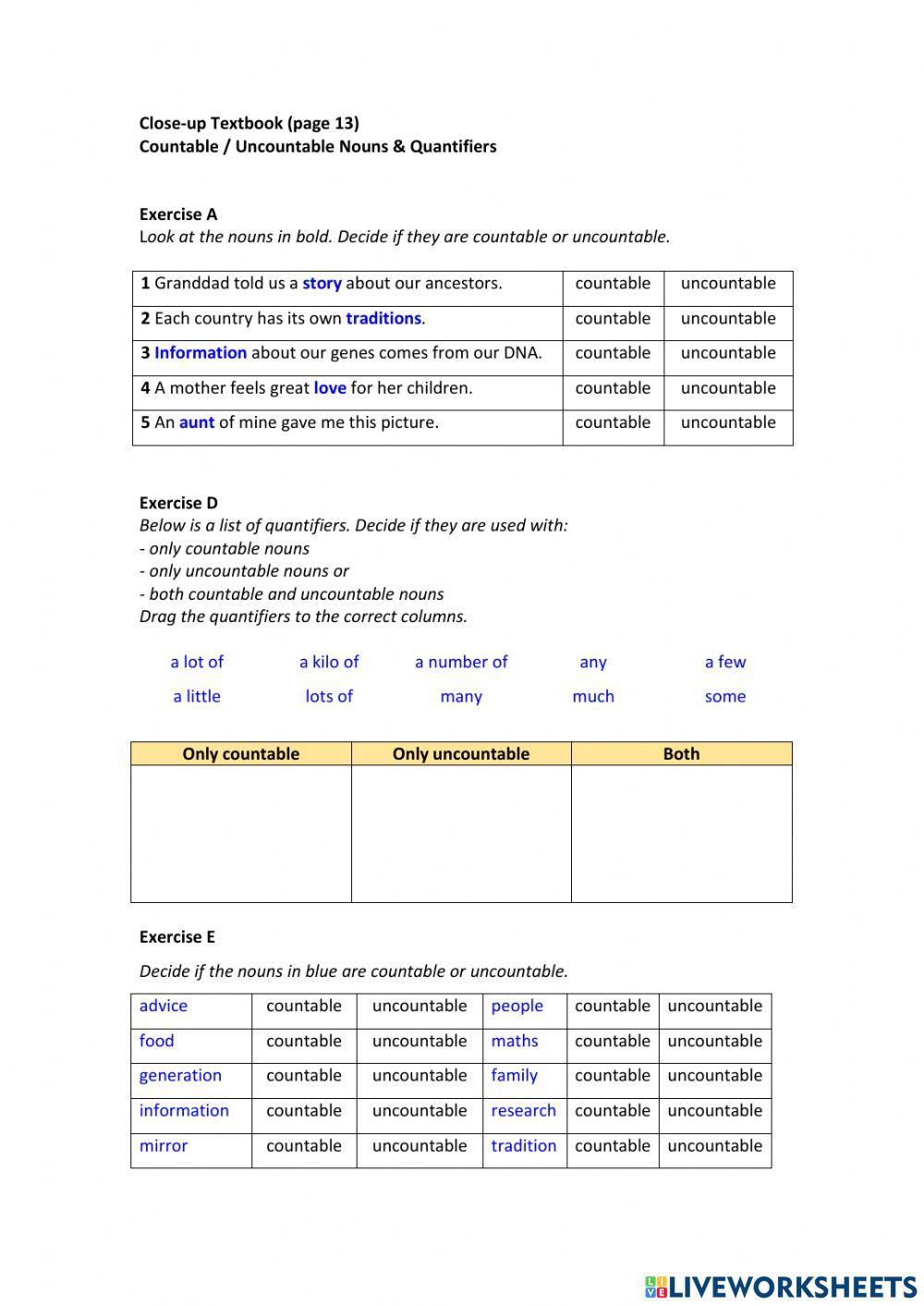 Form 3 Close -up: Countable Nouns, Uncountable Nouns, Quantifiers ...