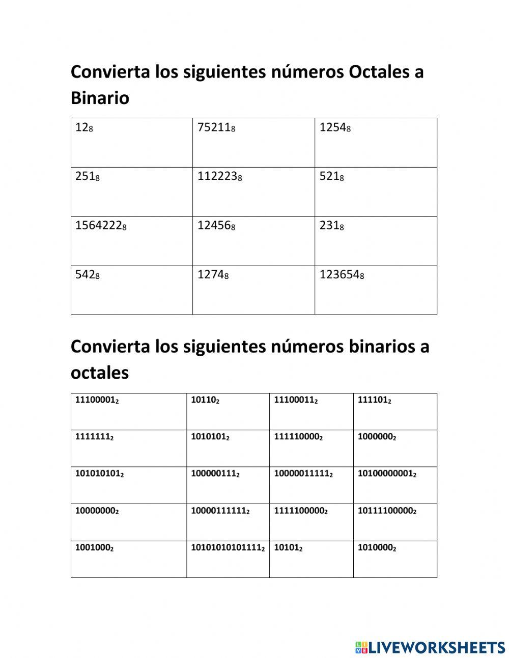 Octal a Binario worksheet | Live Worksheets
