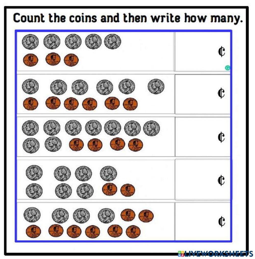Counting Pennies and Nickels interactive worksheet | Live Worksheets