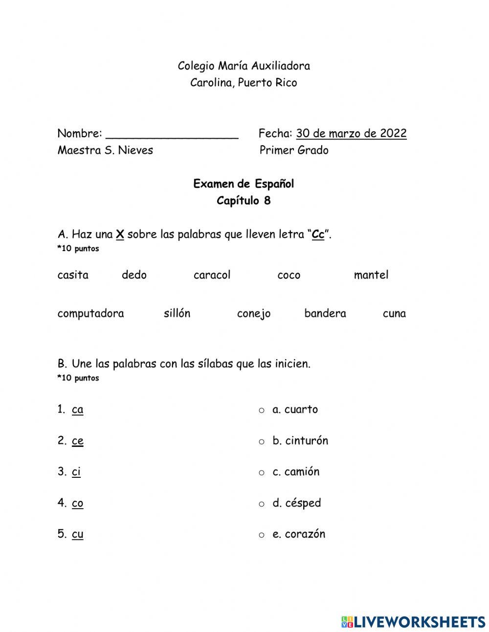 Examen de Espanol - Capitulo 8 online exercise for | Live Worksheets