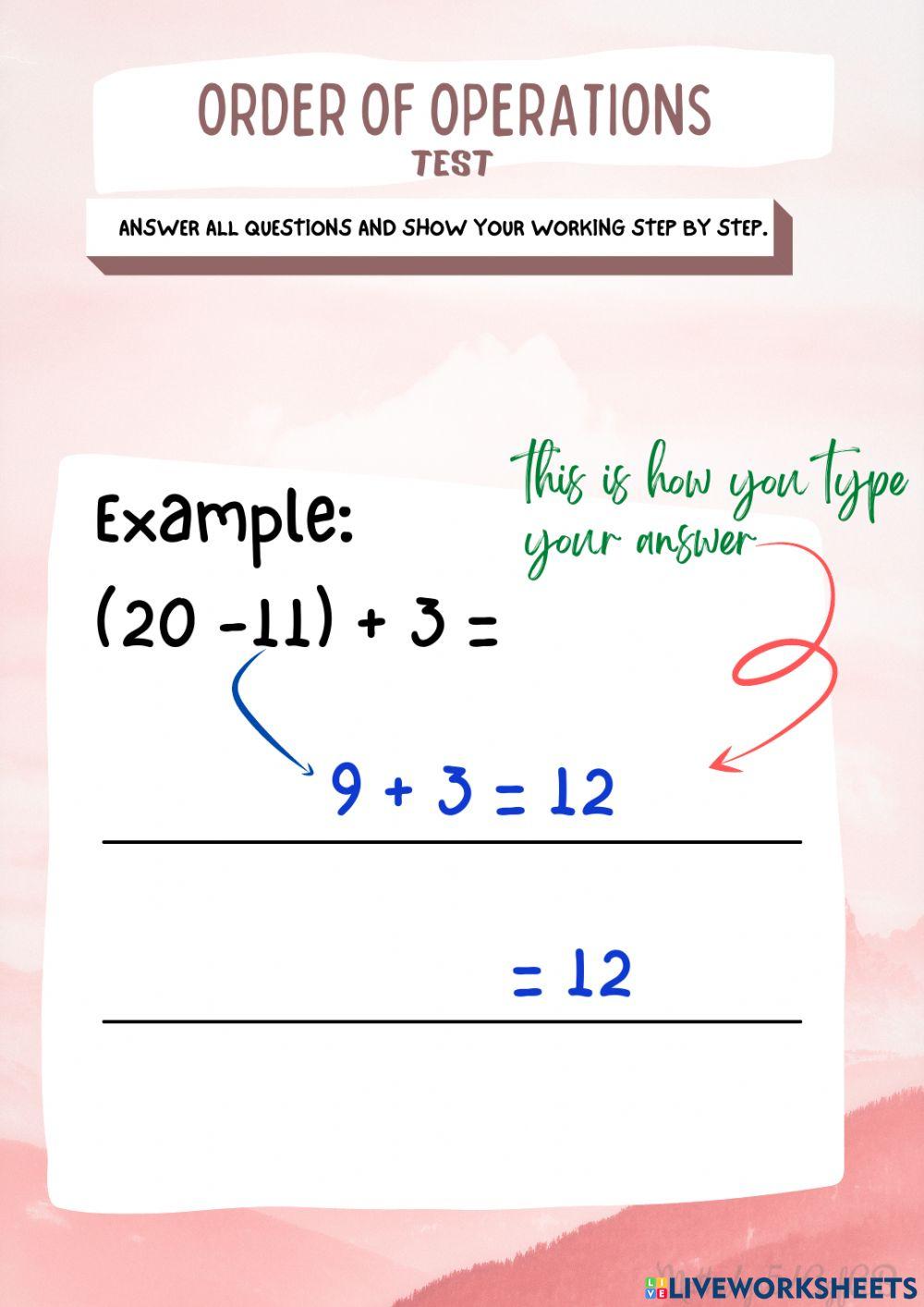 ORDER OF OPERATIONS TEST online exercise for | Live Worksheets