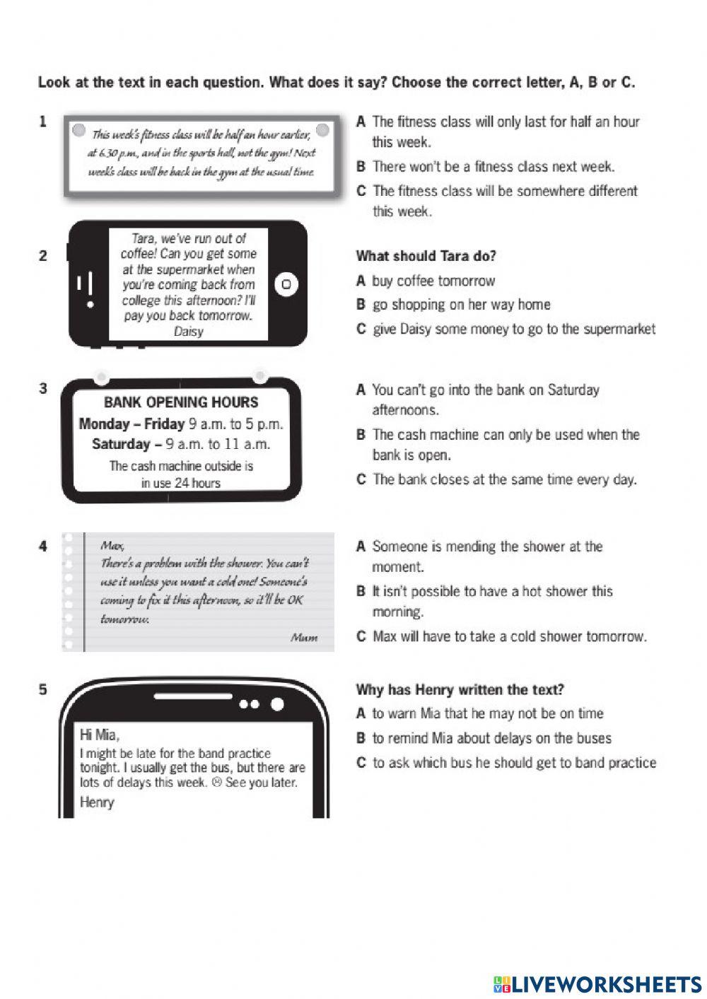 B1 PET READING PARTS 1-6 - TEST 1 online exercise for | Live Worksheets