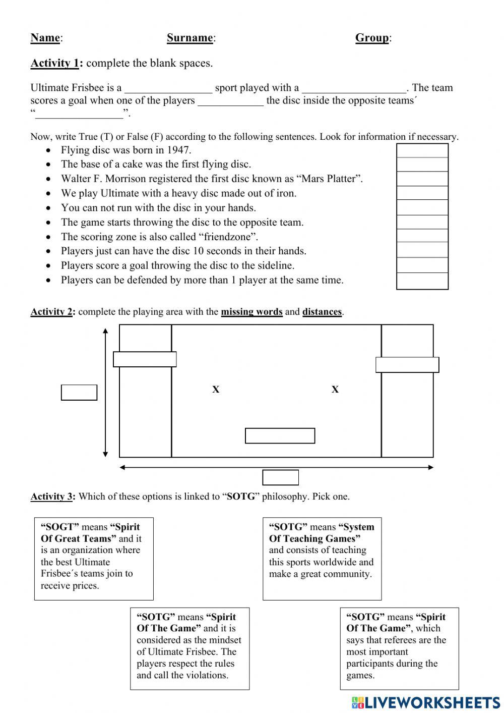 Ultimate Frisbee | Free Interactive Worksheets | 1964221