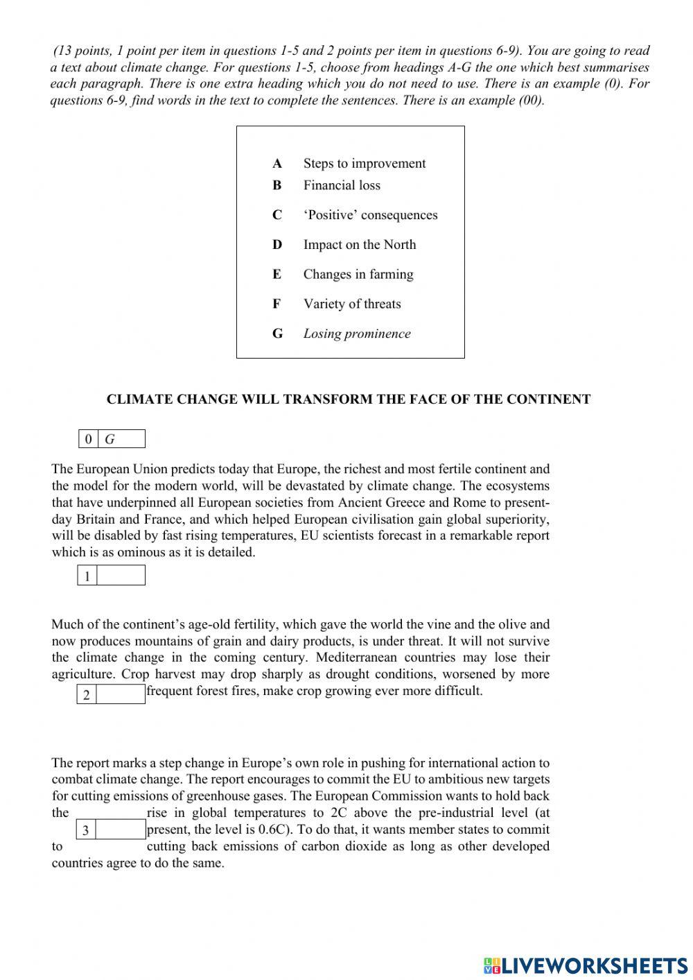 Reading comprehension practice Climate Change online exercise for ...