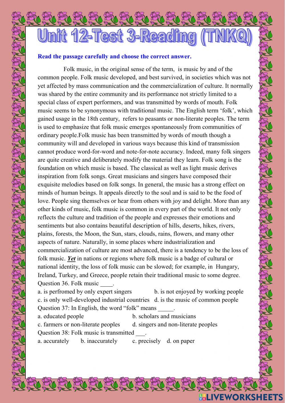 Unit 12 Test 3 Reading TNKQ Online Exercise For Live Worksheets unit-12-test-3-reading-tnkq-online-exercise-for-live-worksheets