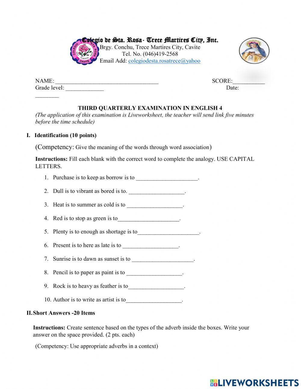 3rd Quarter Exam English 4 1964779 | Norly Grace