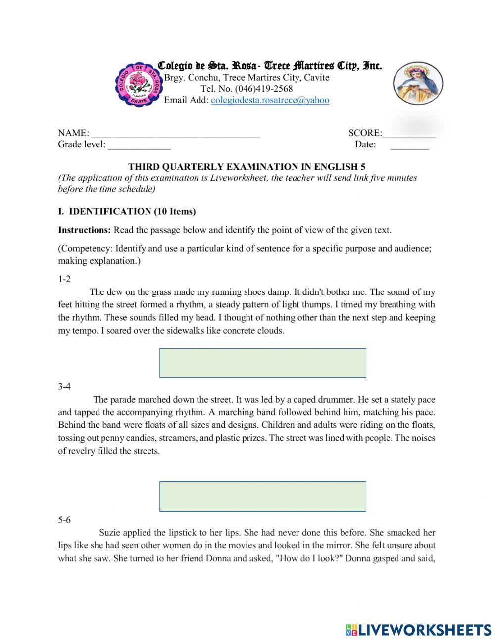 3rd Quarter Exam English 5 worksheet | Live Worksheets