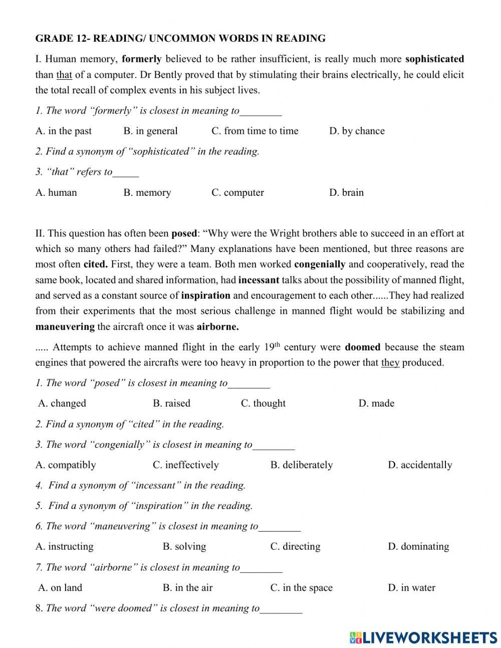 Grade 12 Reading Vocab Worksheet Live Worksheets grade-12-reading-vocab-worksheet-live-worksheets