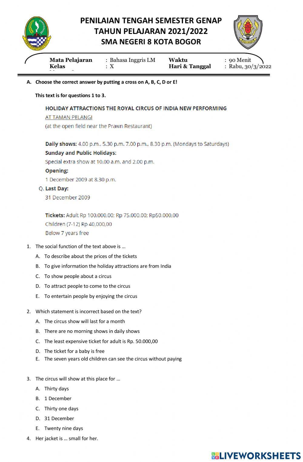 ENGLISH MID TEST CLASS X B online exercise for | Live Worksheets