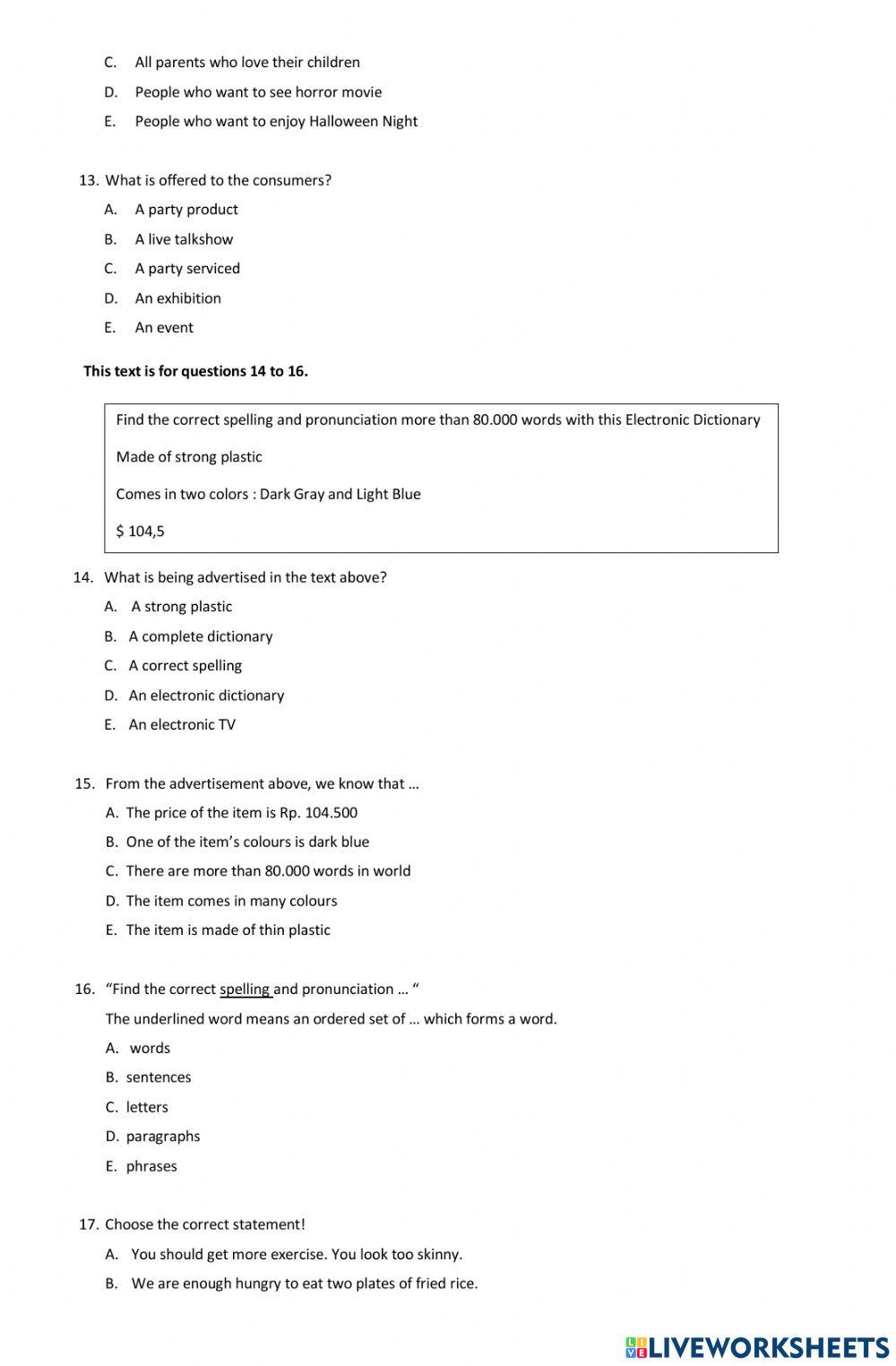 ENGLISH MID TEST CLASS X B online exercise for | Live Worksheets