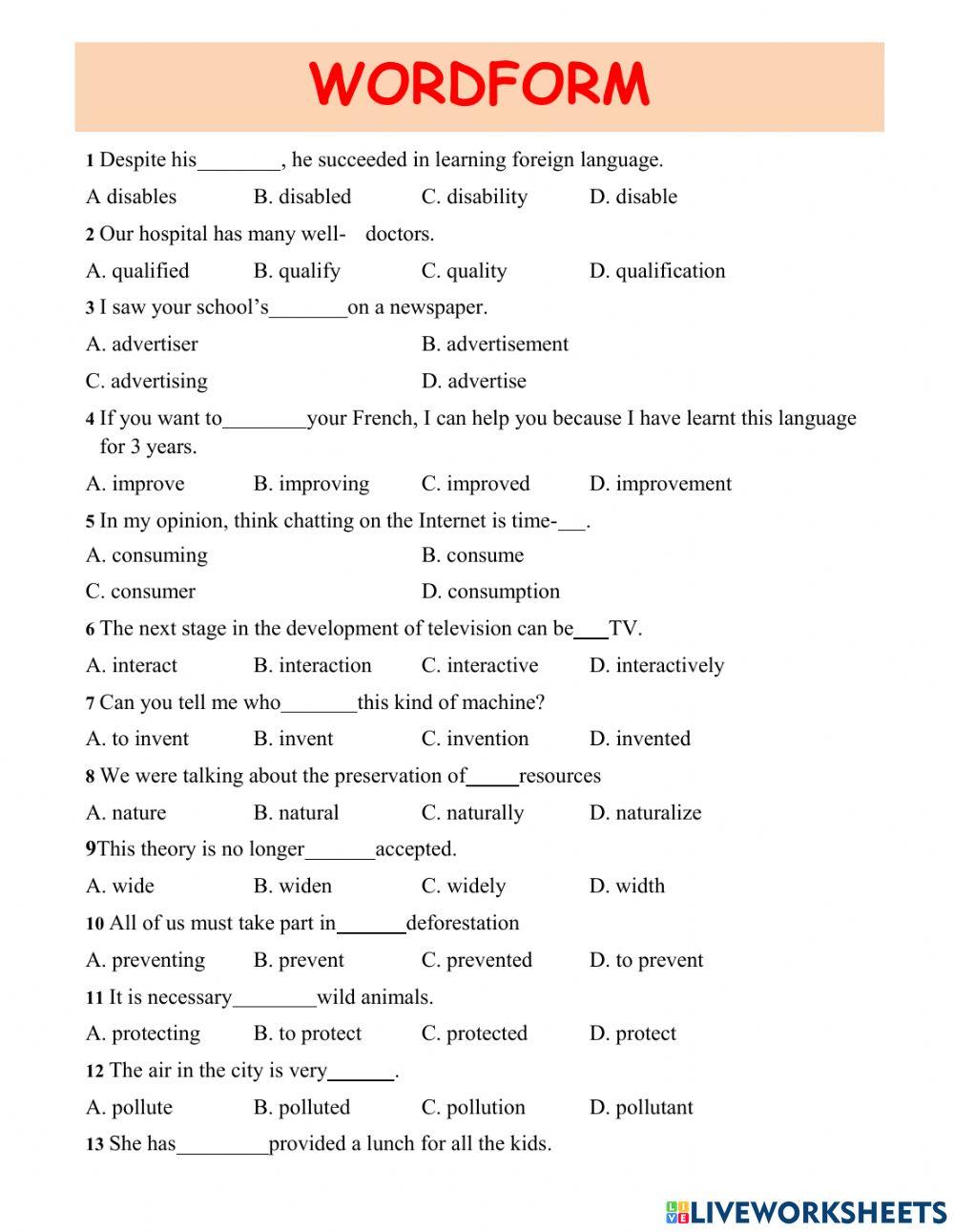 WORDFORM online exercise for | Live Worksheets