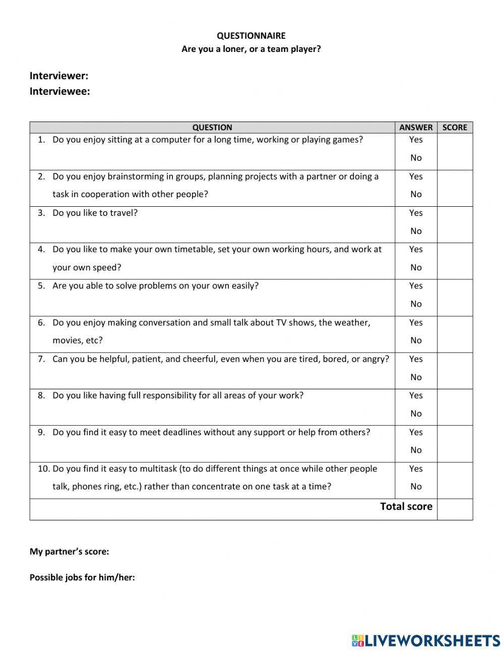 Questionaire: a… | Free Interactive Worksheets | 1965858