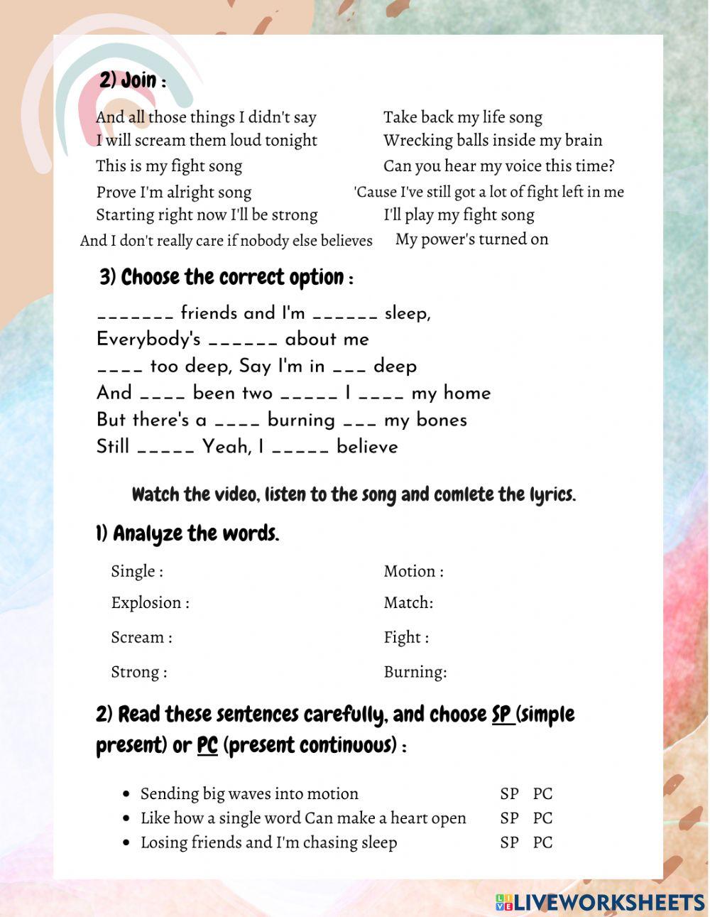 Fight Song | Free Interactive Worksheets | 1965950