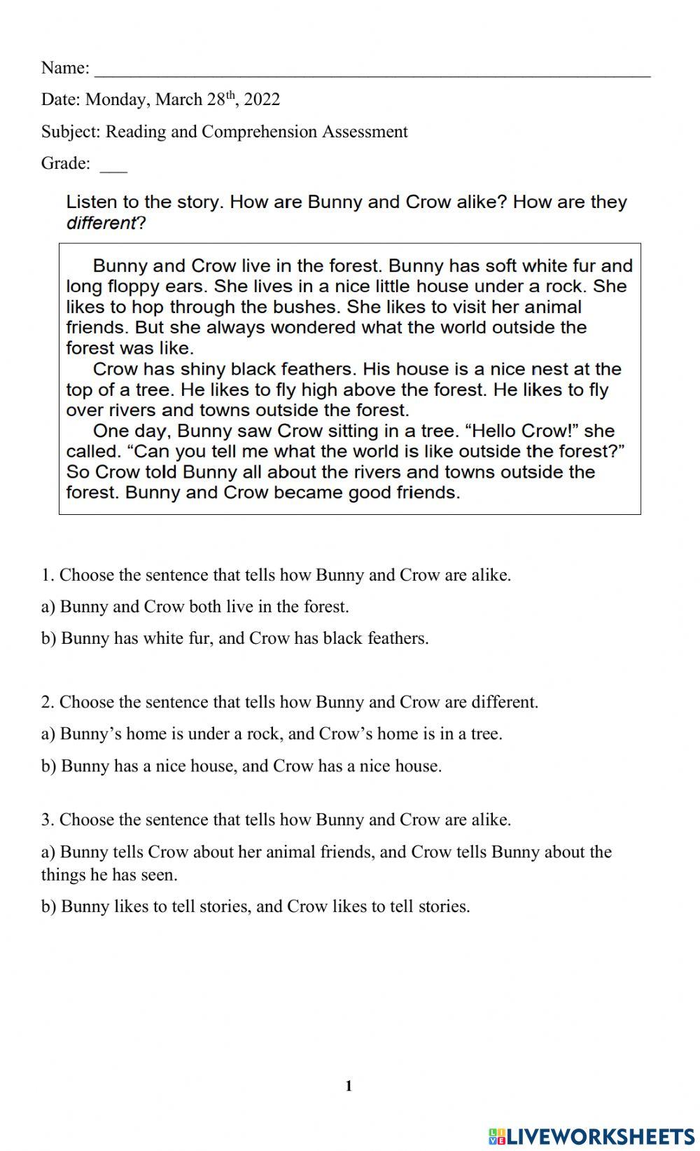 Reading Assessm… | Free Interactive Worksheets | 1966207