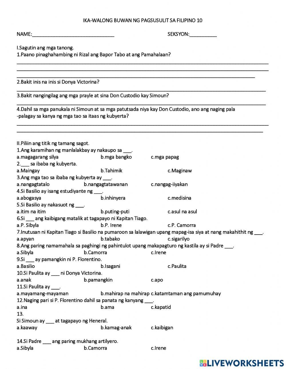 FILIPINO 10 NEW online exercise for | Live Worksheets