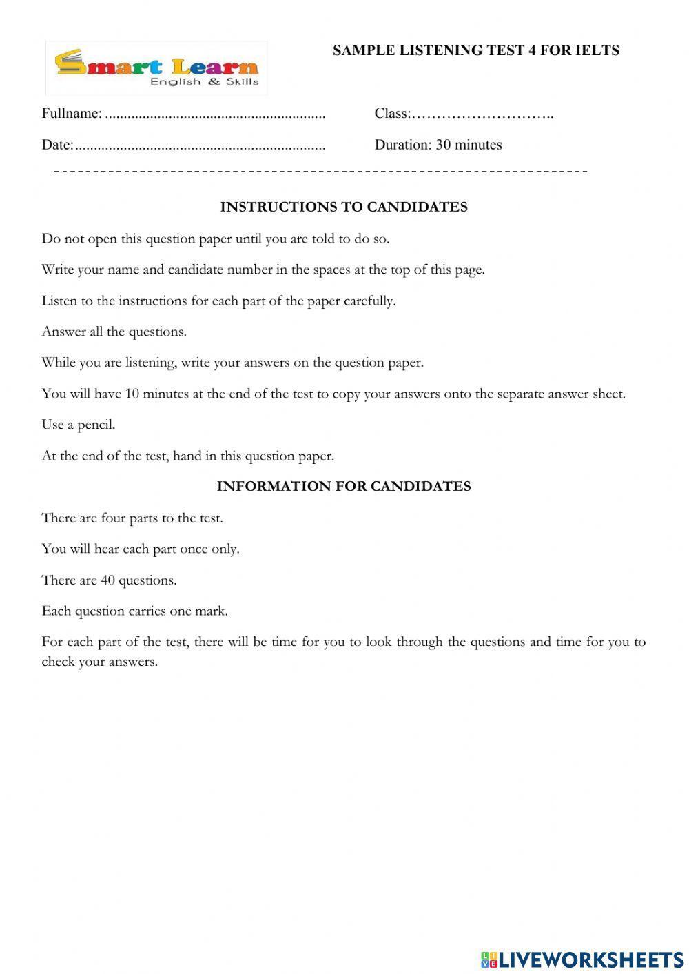 Mini test 6 ielts listening worksheet | Live Worksheets