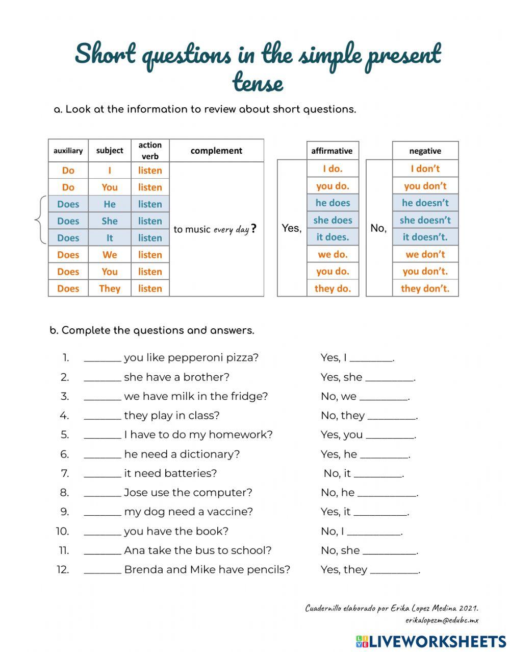 Short questions in the present tense 6857009 | Erika