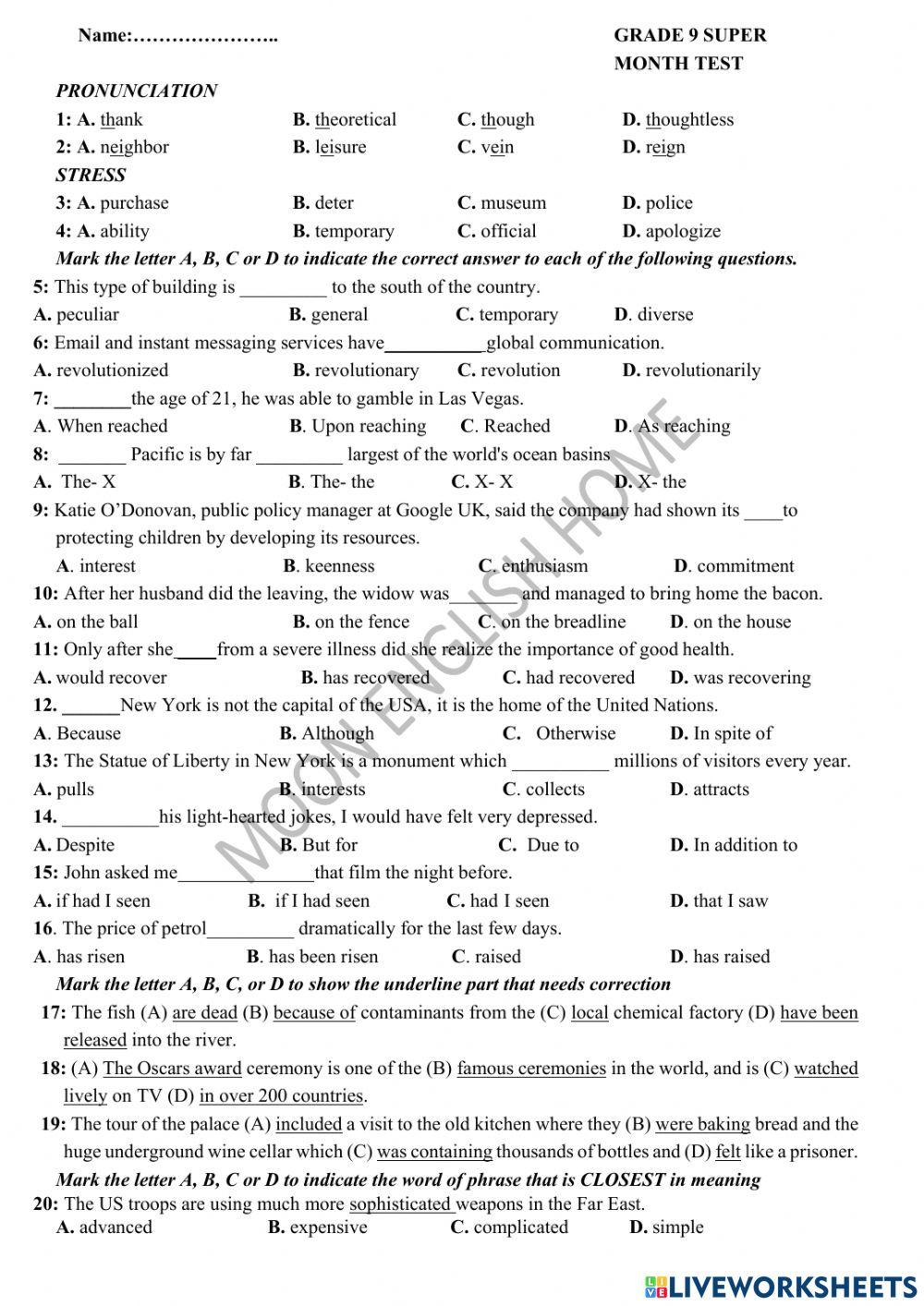 1966853 | Grade 9 Sup- Test 10 (March Test)
