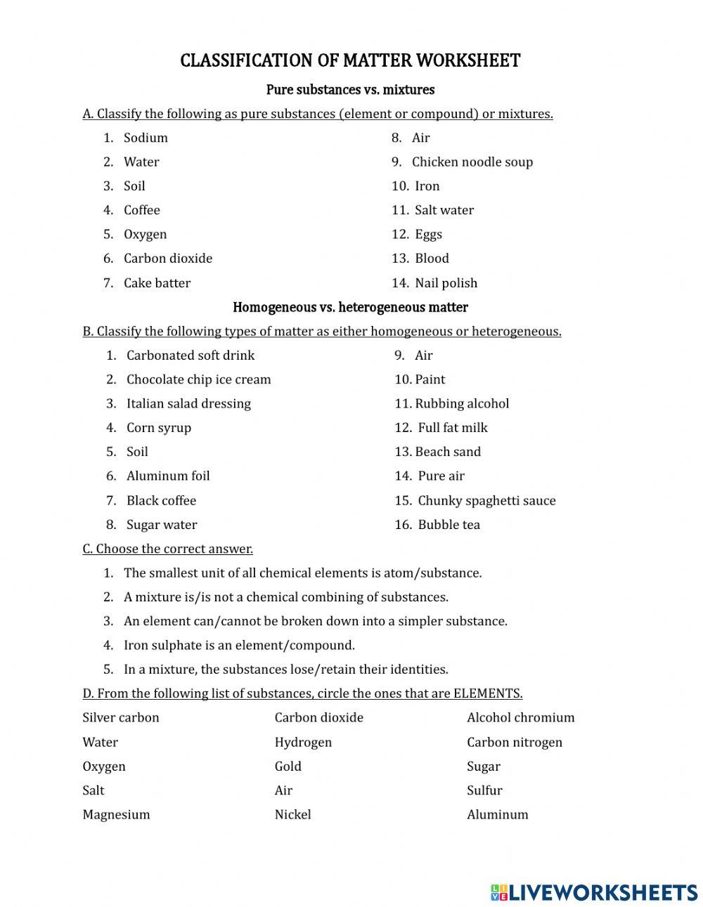 Classification Of Matter Worksheets 2724192 | Classifying States Of Classification Of Matter Worksheets 2724192 | Classifying States Of
