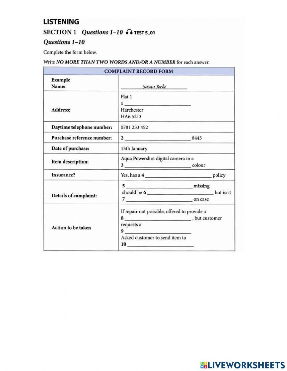 Ielts Listening Form Completion
