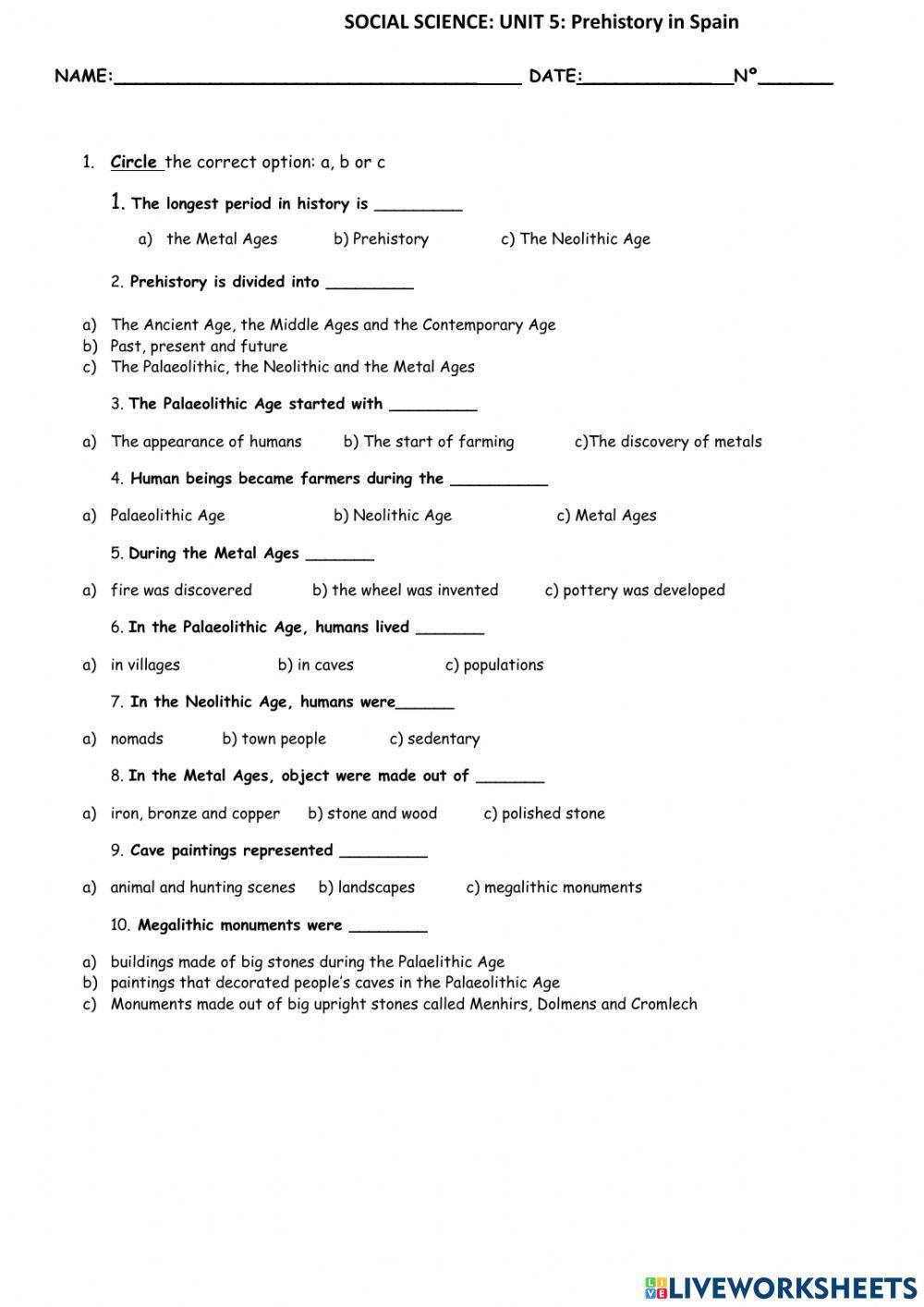 Prehistory | Free Interactive Worksheets | 1967726