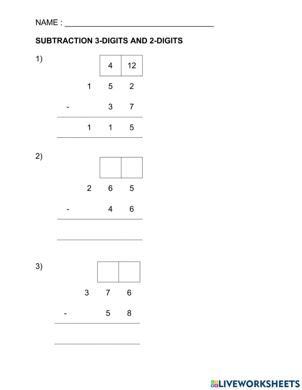 Subtraction of 3 digits and 2 digits worksheet | Live Worksheets