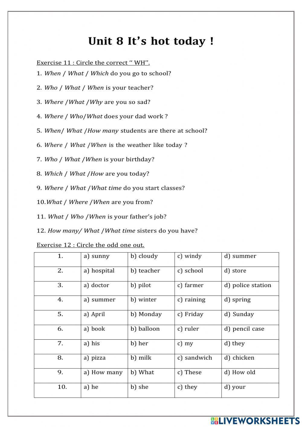 Revision Unit 8 : It's hot today worksheet | Live Worksheets