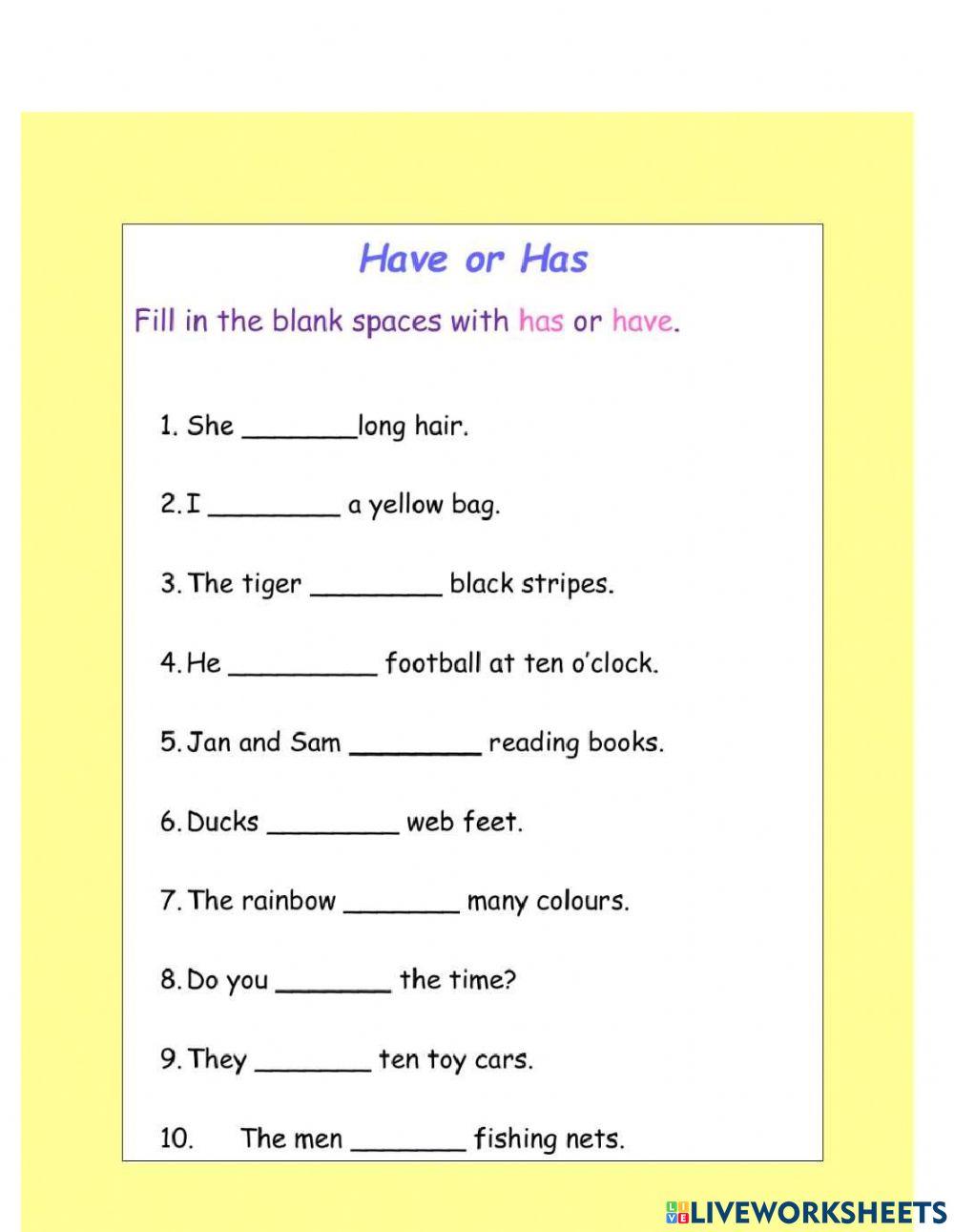 Have-has online pdf worksheet | Live Worksheets